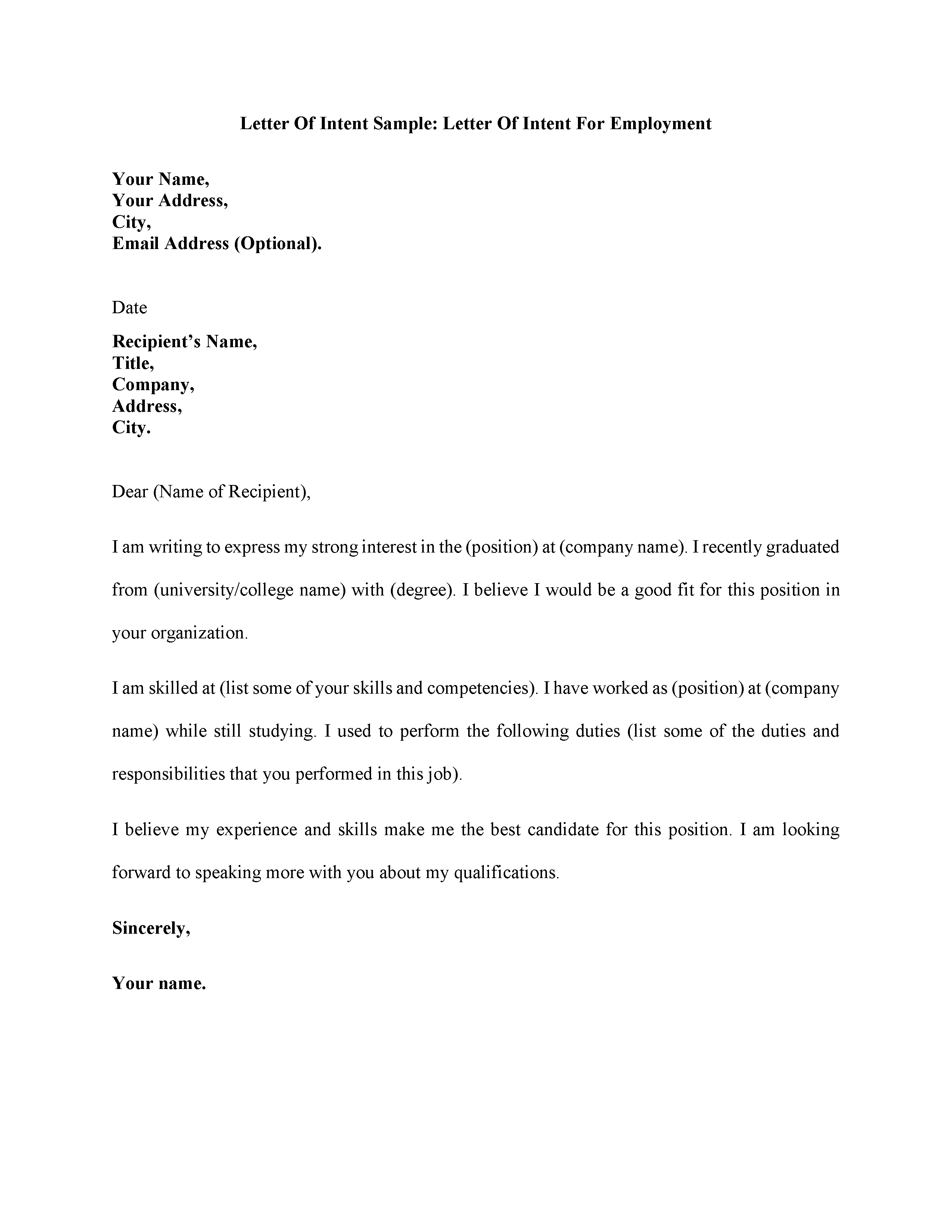 Letter Of Intent Sample: Letter Of Intent For Employment - iWriteEssays